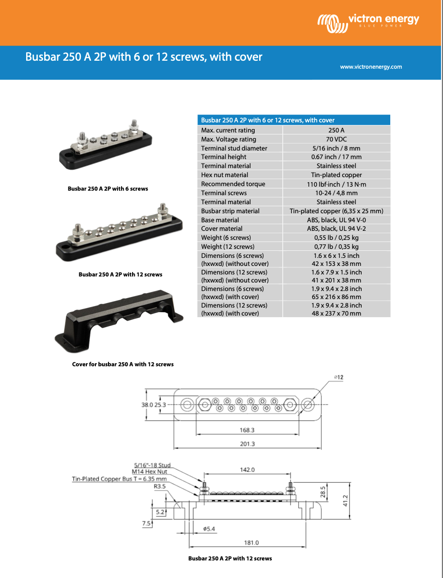 Victron Busbar 250A 2P with 12 screws + cover, busbar